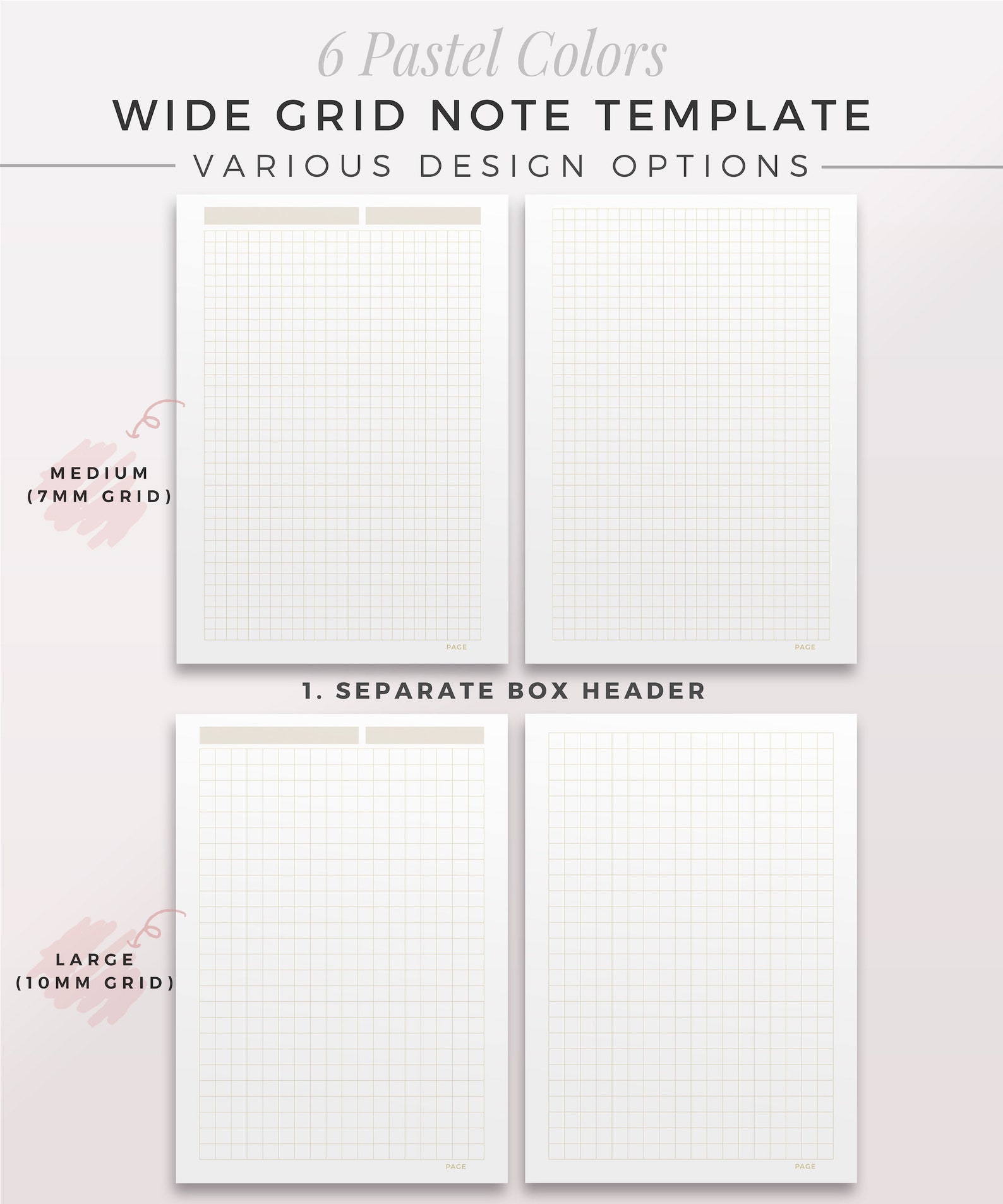 6 PASTEL Grid Note WIDE Grid, Notebook Template, Printable Note Inserts ...