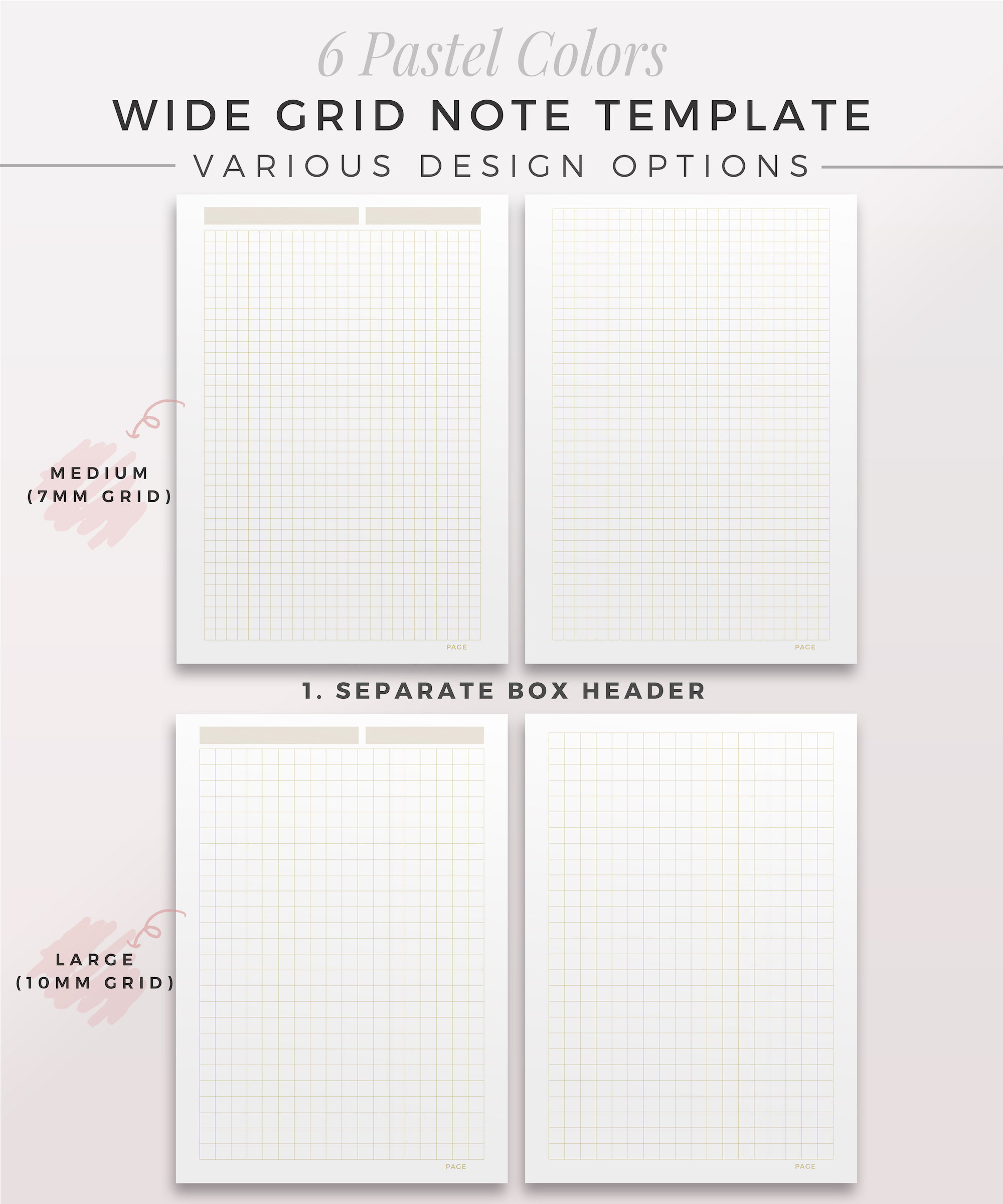 6 PASTEL Grid Note WIDE Grid, Notebook Template, Printable Note Inserts ...