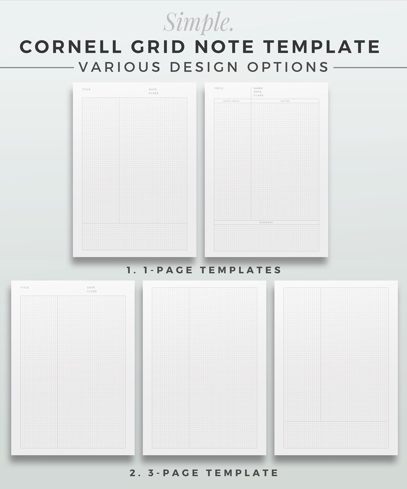 SIMPLE Cornell Grid Note Template A4 & LETTER Printable Note Inserts, Grid Notebook, Cornell ...