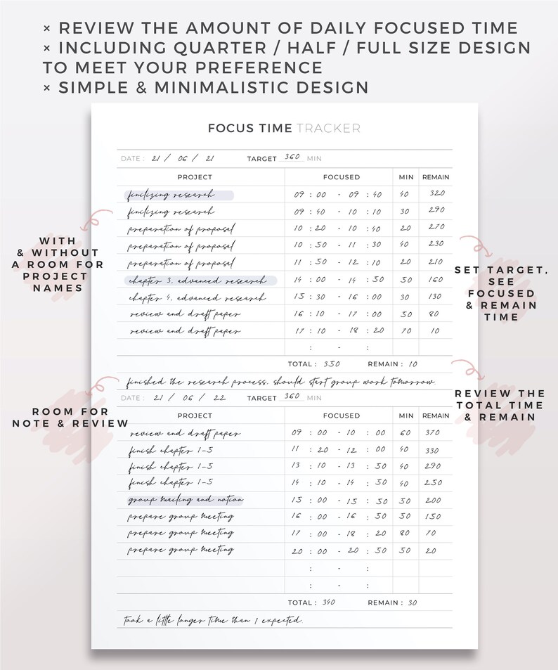 ANISE Focus Time Tracker A5 & B5 Printable Planner Insert, Daily Focus ...