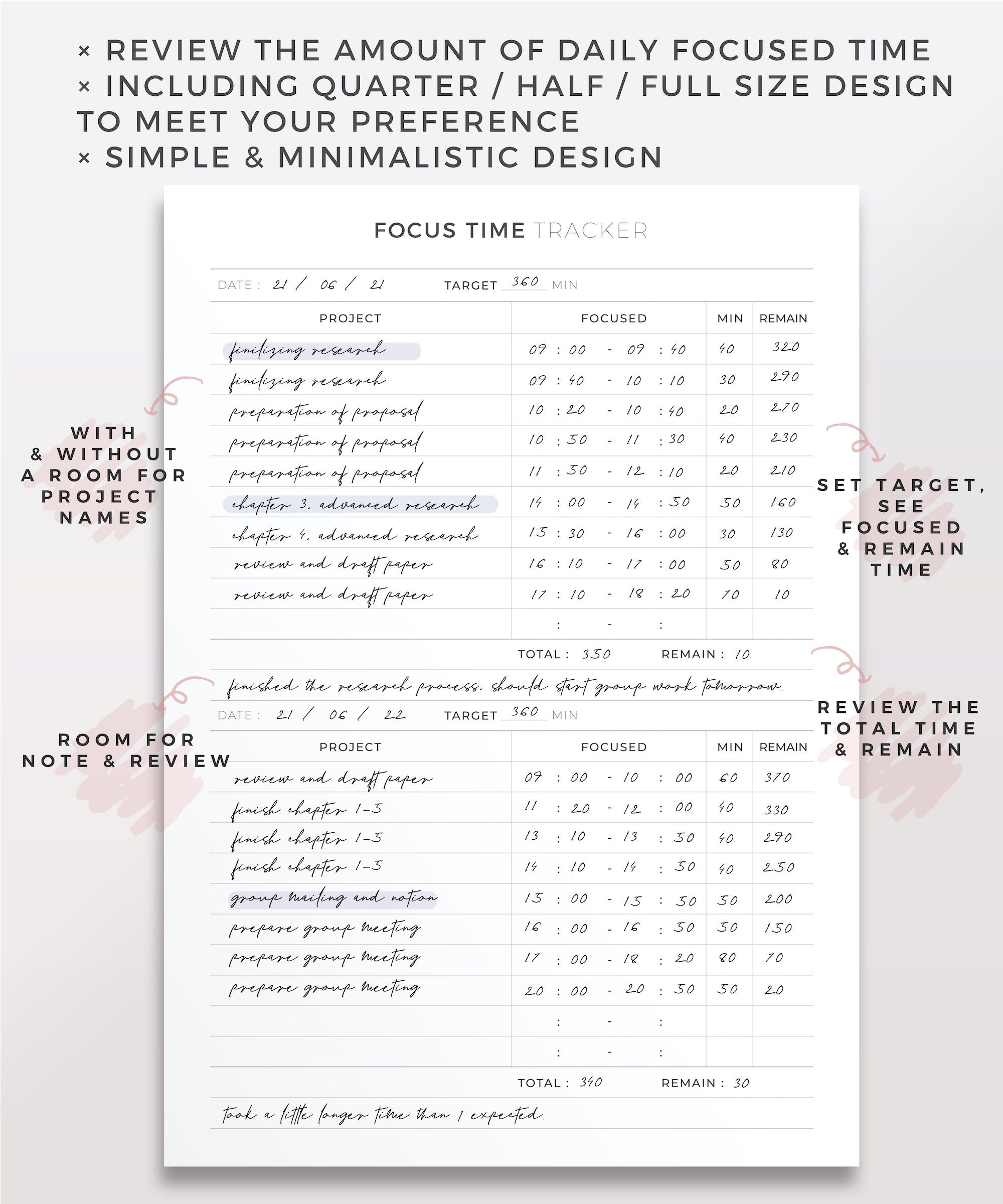 ANISE Focus Time Tracker A5 & B5 Printable Planner Insert, Daily Focus ...