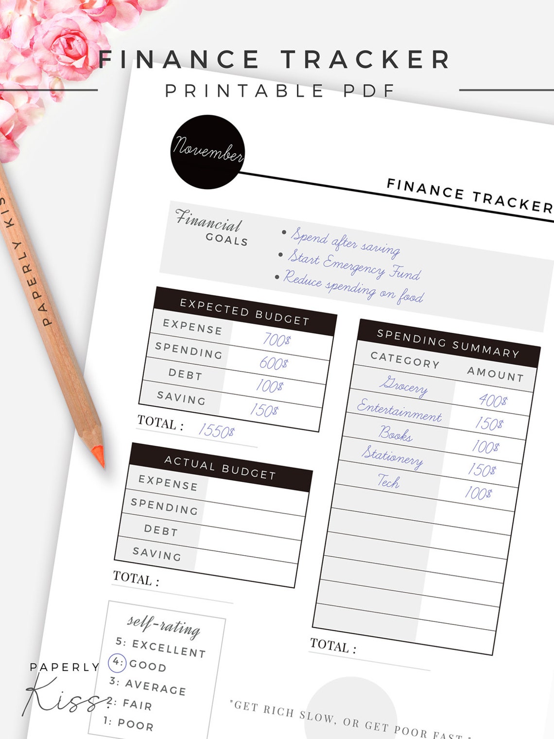 Monthly Finance Tracker Ink-black, Printable Planner Inserts, Expenses ...