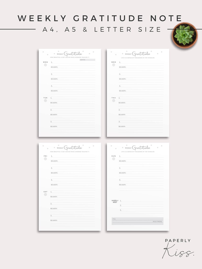 Weekly Gratitude Note, Printable Planner Inserts, Lifestyle Planner ...