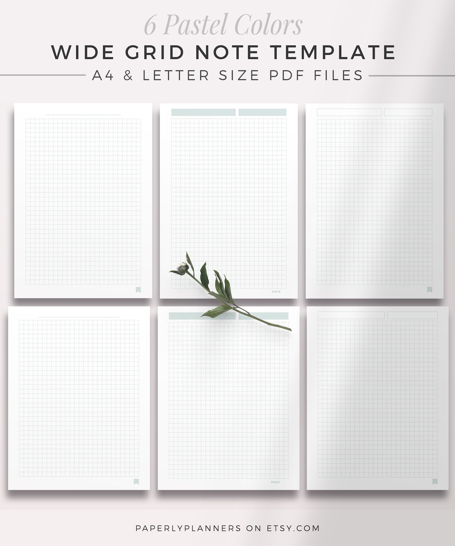 6 PASTEL Grid Note WIDE Grid, Notebook Template, Printable Note Inserts ...