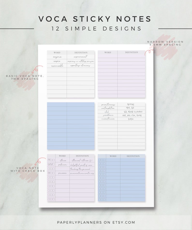 Voca Sticky Notes Printable Sticky Notes Template Word Book - Etsy