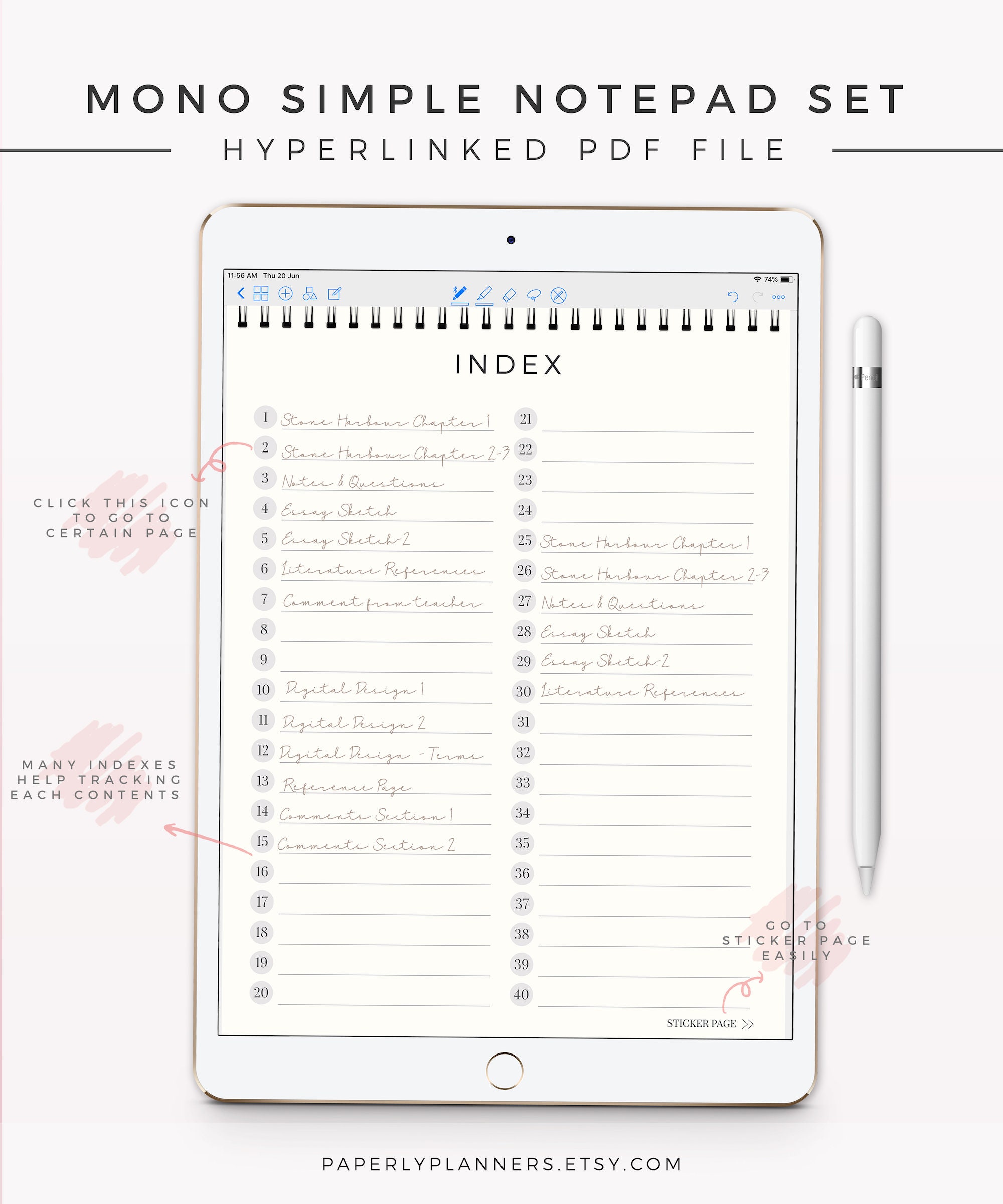 Mono Simple Ipad Notepad Set Digital Note Template Hyperlink - Etsy