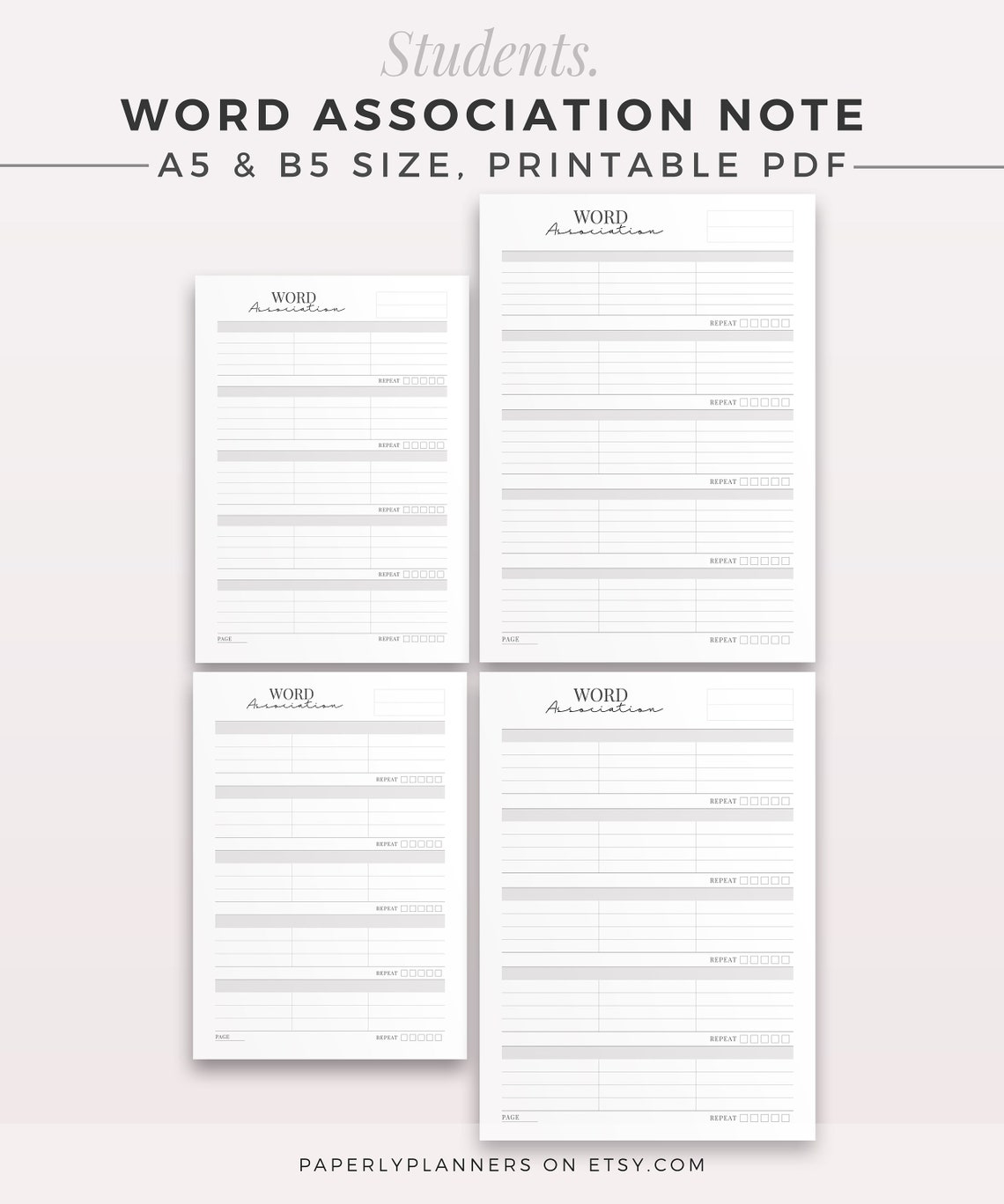 STUDENTS Word Association Template A5 & B5 Printable Note Inserts ...