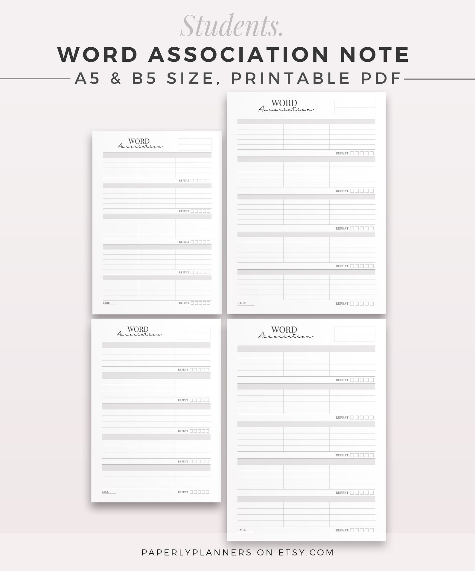 STUDENTS Word Association Template A5 & B5 Printable Note Inserts ...