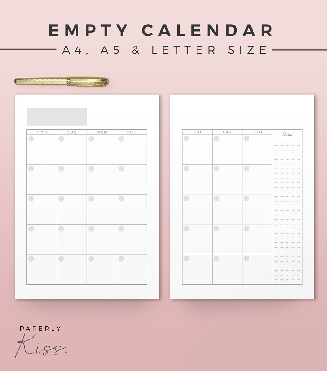 Empty Calendar, Printable Monthly Planner Inserts, A4, A5, Letter ...