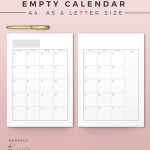 Empty Calendar, Printable Monthly Planner Inserts, A4, A5, Letter ...