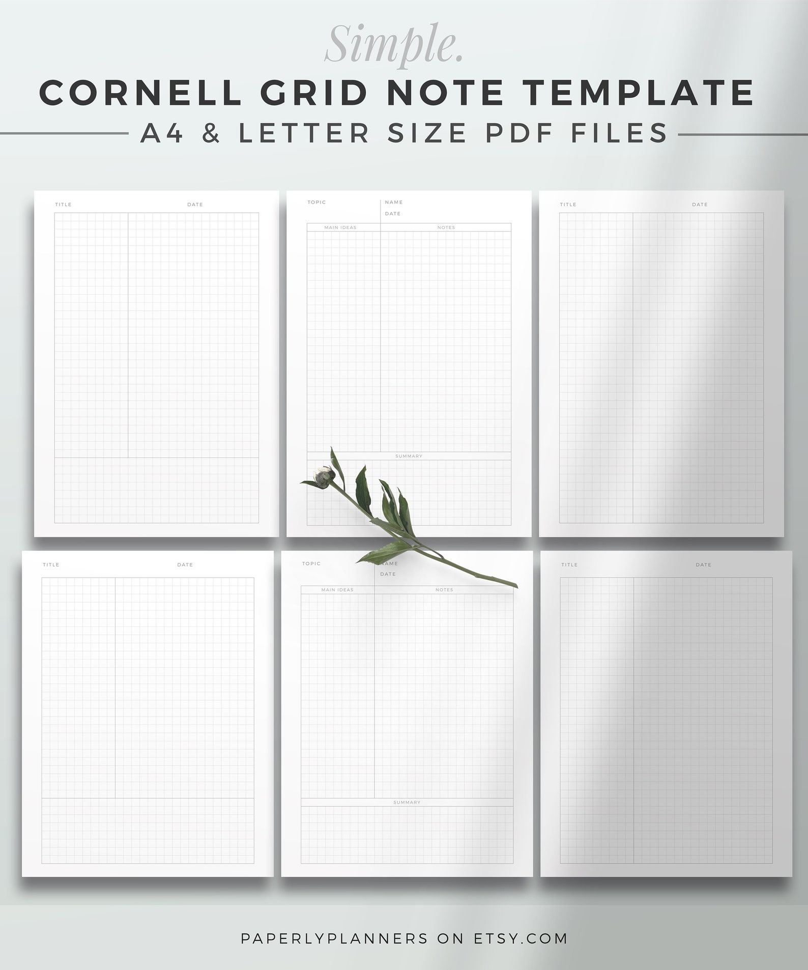 SIMPLE Cornell Grid Note Template A4 & LETTER Printable Note Inserts ...