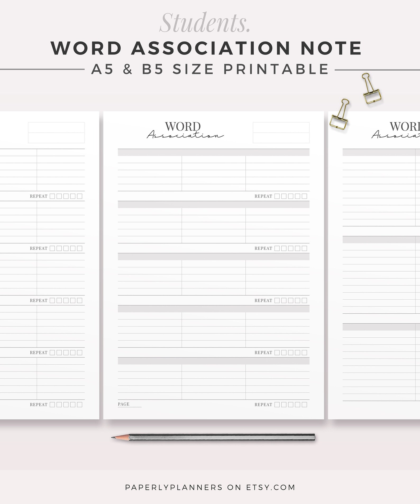 STUDENTS Word Association Template A5 & B5 Printable Note Inserts ...