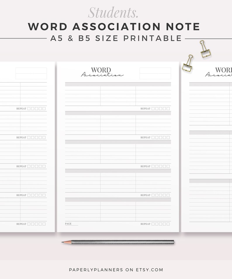 STUDENTS Word Association Template A5 & B5 Printable Note Inserts ...