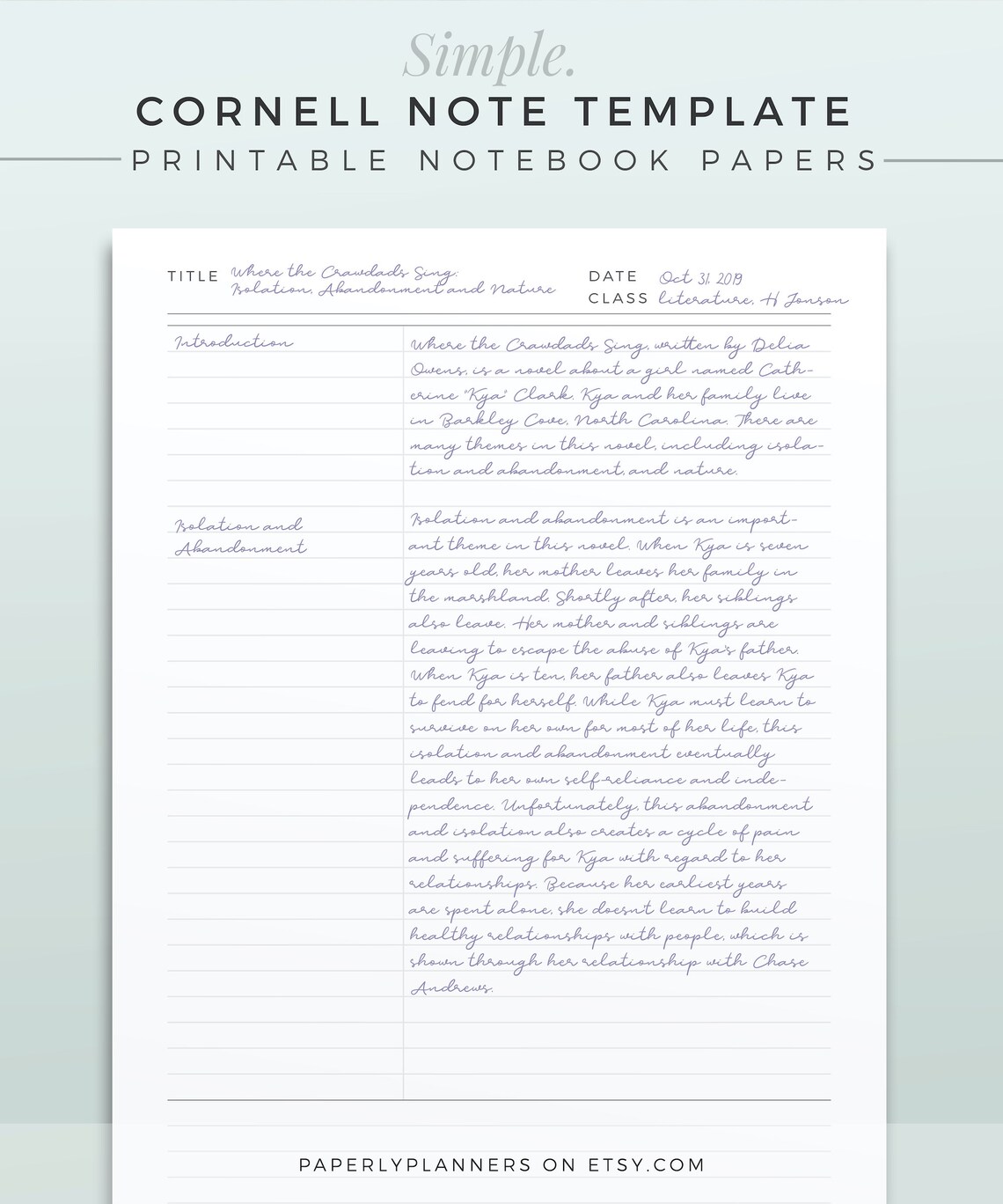SIMPLE Cornell Note Template Printable Note Inserts - Etsy