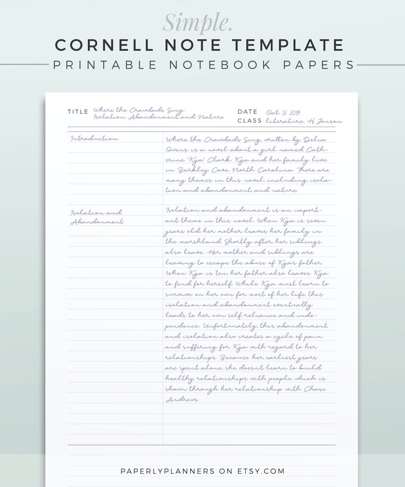 SIMPLE Cornell Note Template, Printable Note Inserts, Productivity Study Note, Study Journal ...