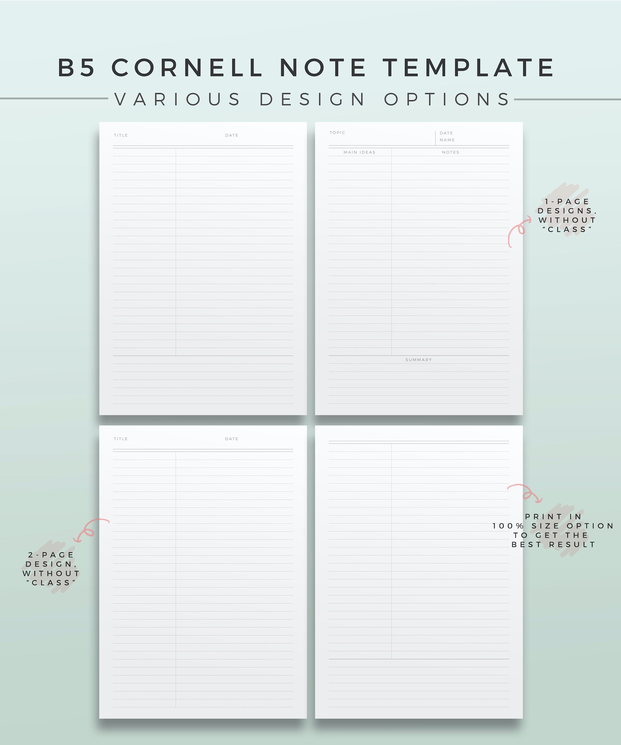 B5 Cornell Note Template, Printable Note Inserts, Productivity Study ...