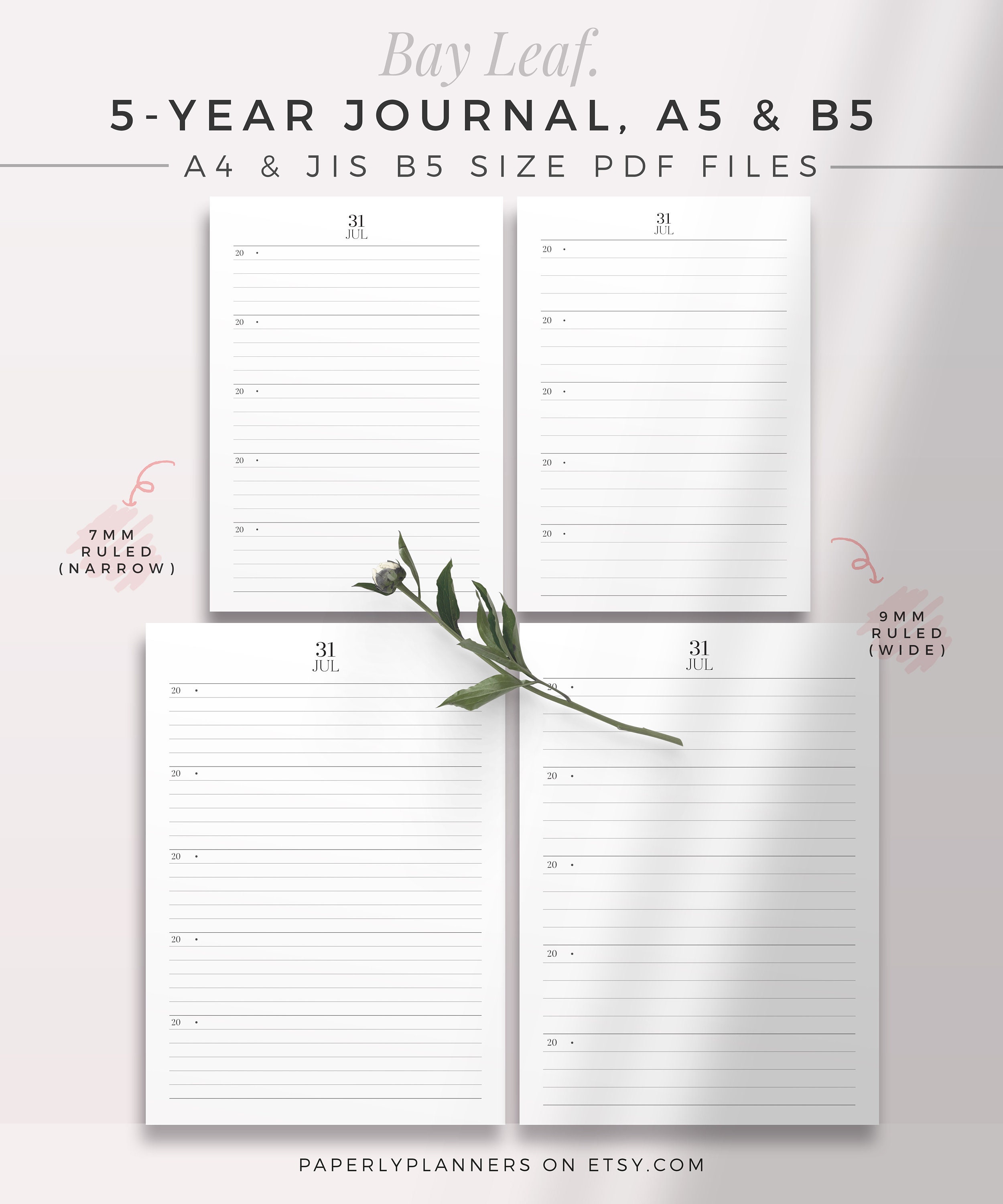 BAY LEAF 5-year Journal | A5 & B5 | Printable Planner Inserts, Undated ...