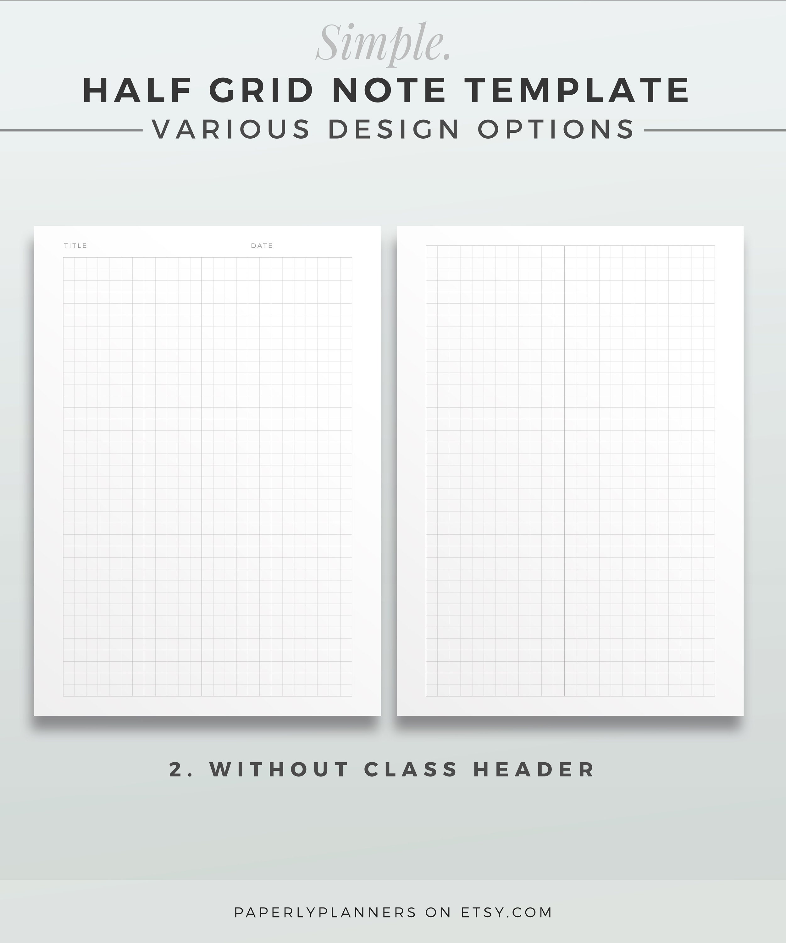 SIMPLE Half Grid Note Template A4 & LETTER Printable Note Inserts, Half ...
