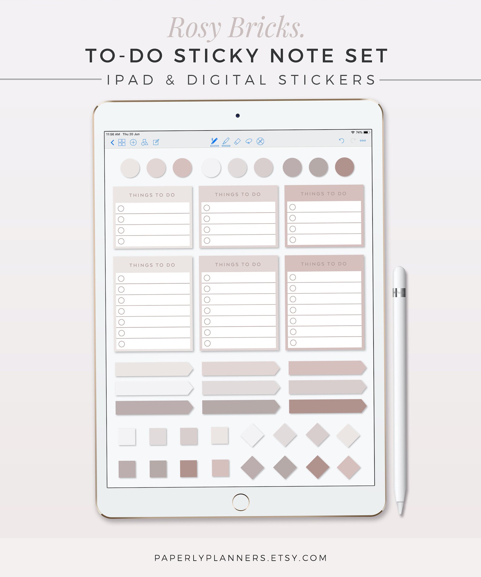 ROSY BRICK To-do Sticky Note Set | Digital Sticky Notes, Neutral iPad ...