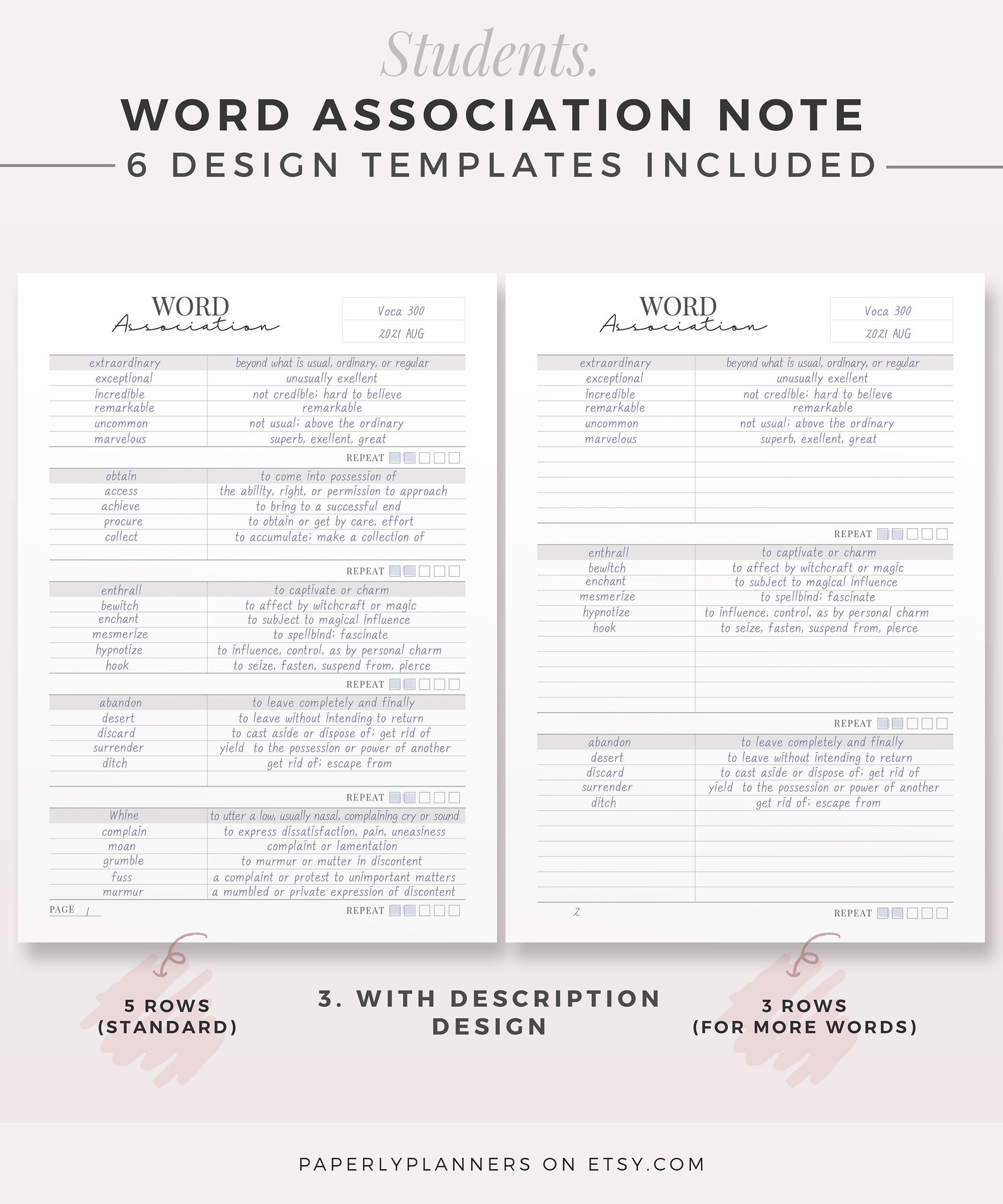 STUDENTS Word Association Template A5 & B5 Printable Note Inserts ...