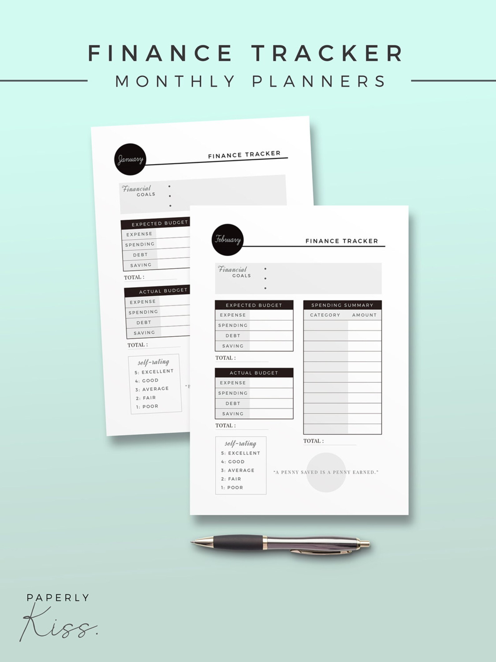 Monthly Finance Tracker Ink-black, Printable Planner Inserts, Expenses ...