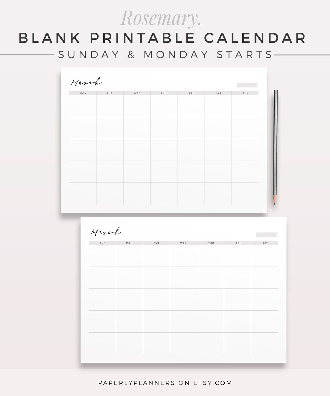ROSEMARY Blank Calendar Empty Calendar One Page Monthly - Etsy