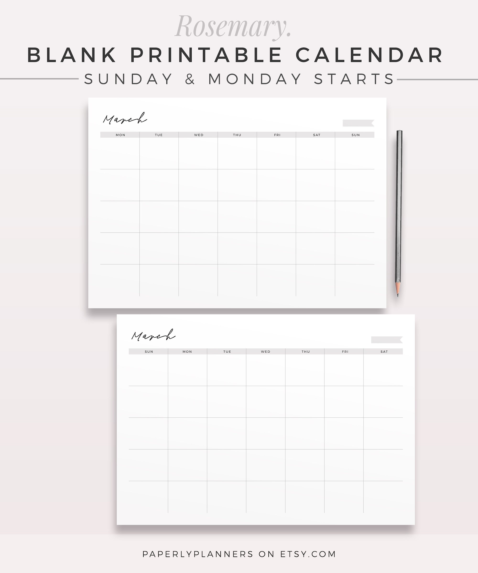 ROSEMARY Blank Calendar Empty Calendar One Page Monthly - Etsy
