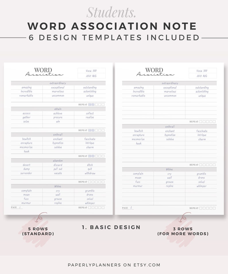 STUDENTS Word Association Template A5 & B5 Printable Note Inserts ...