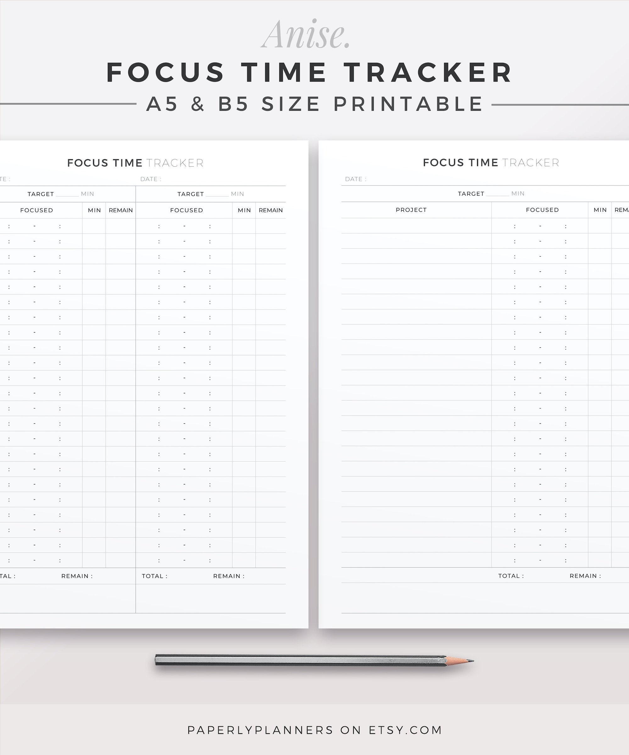ANISE Focus Time Tracker | A5 & B5 | Printable Planner Insert, Daily ...