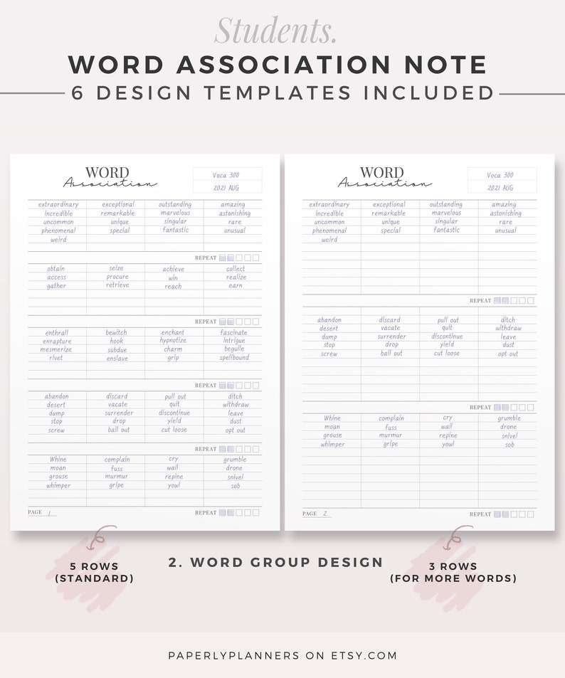 STUDENTS Word Association Template A5 & B5 Printable Note Inserts ...