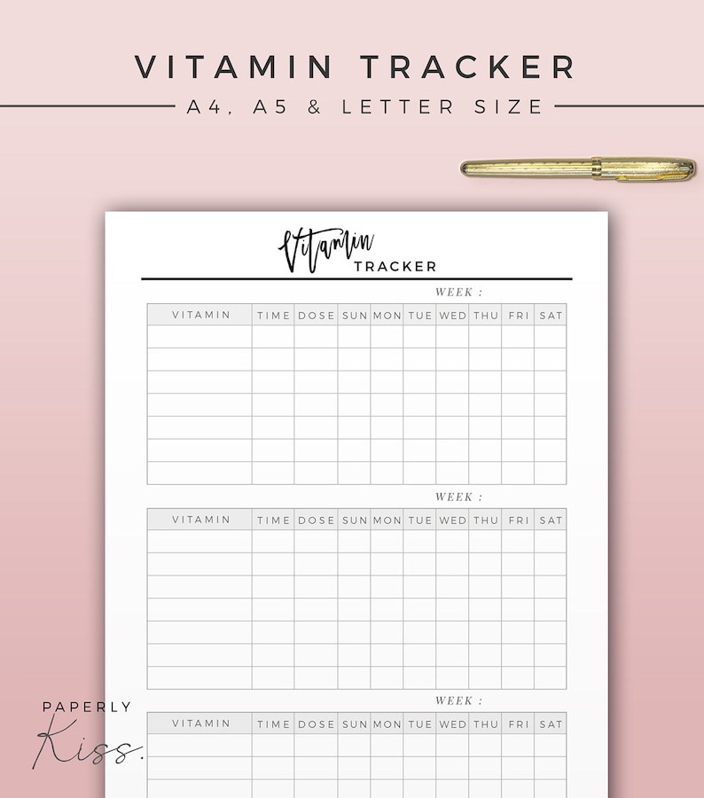 Vitamin Tracker, Printable Planner Inserts, Medication Log, A4, A5 ...