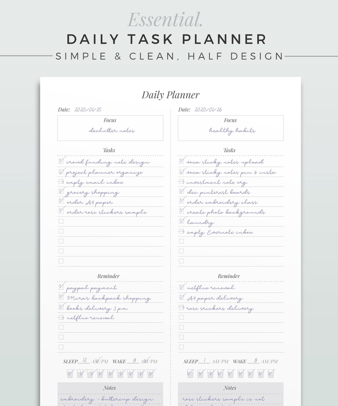 ESSENTIAL Daily Task Planner | One Page Daily Planner, Printable ...