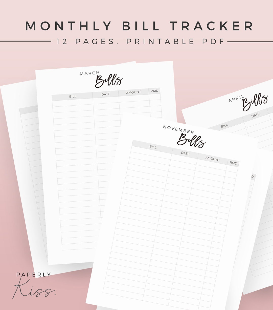 Monthly Bill Tracker, Printable Planner Inserts, A4, A5, Letter, Modern ...