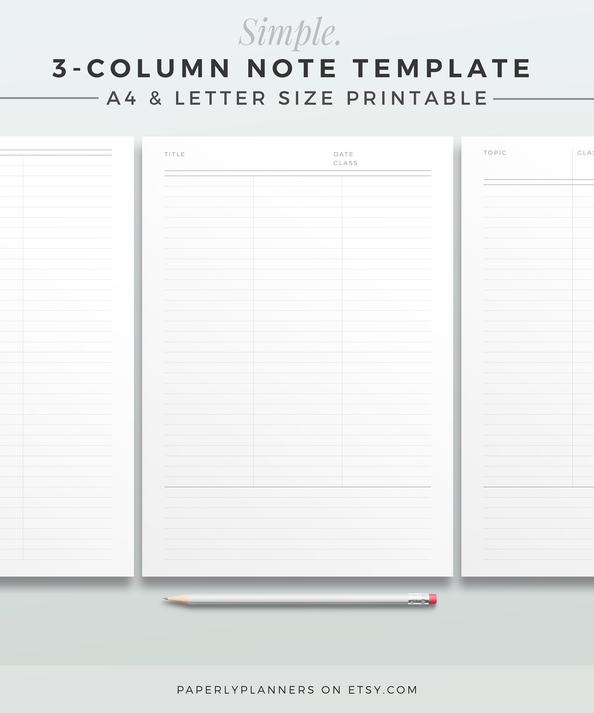 SIMPLE 3-column Note Template | A4 & LETTER | Printable Note Insert ...