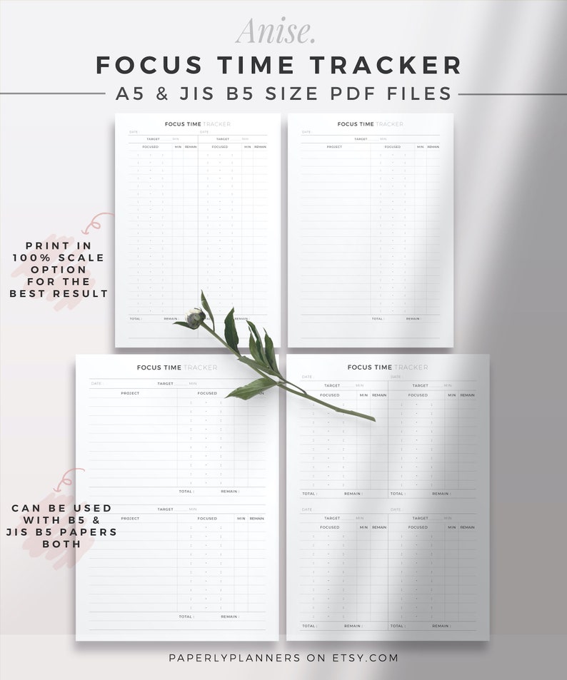 ANISE Focus Time Tracker A5 & B5 Printable Planner Insert, Daily Focus ...