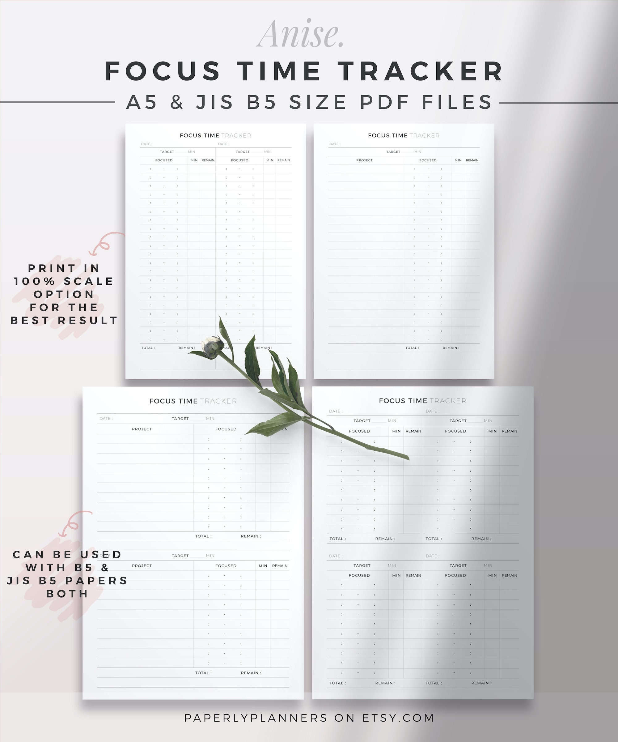 ANISE Focus Time Tracker A5 & B5 Printable Planner Insert, Daily Focus ...