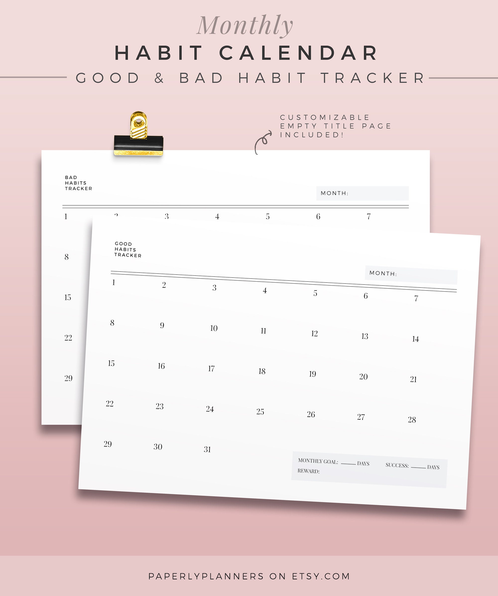Monthly Habit Tracker, Printable Planner Inserts, Reward Chart Calendar ...