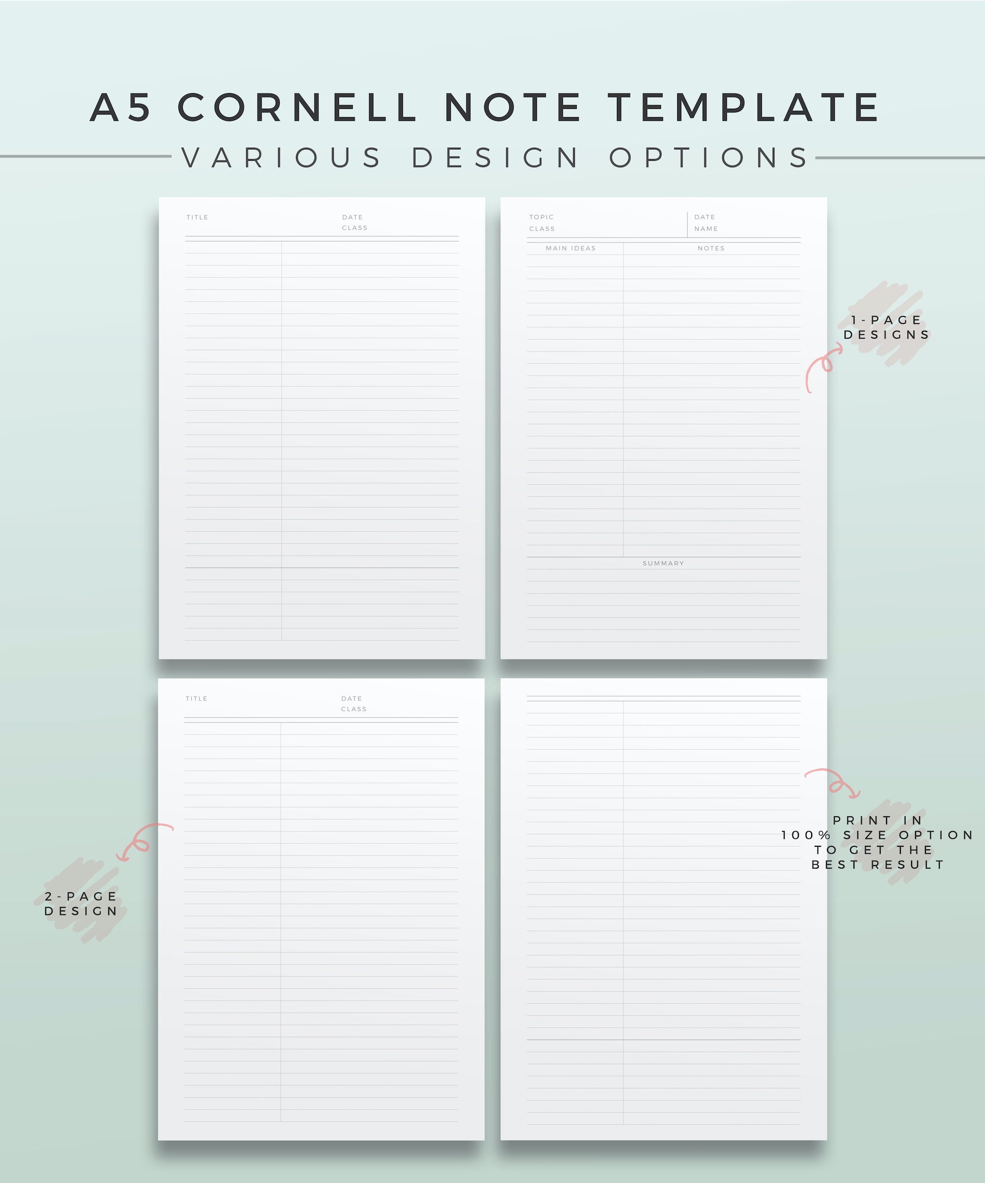 A5 Cornell Note Template, Printable Note Inserts, Productivity Study ...
