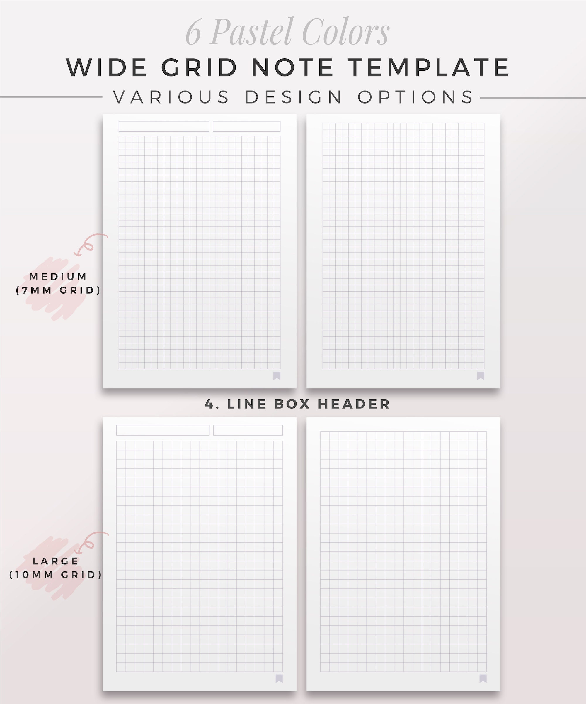 6 PASTEL Grid Note WIDE Grid, Notebook Template, Printable Note Inserts ...