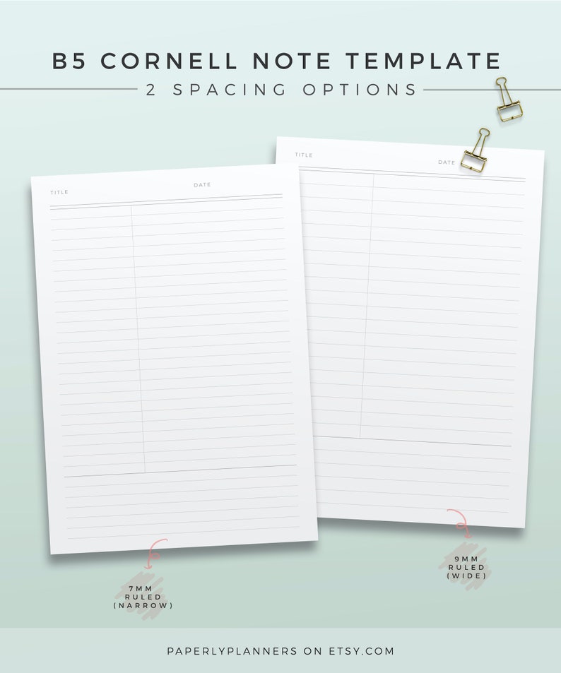 B5 Cornell Note Template, Printable Note Inserts, Productivity Study ...