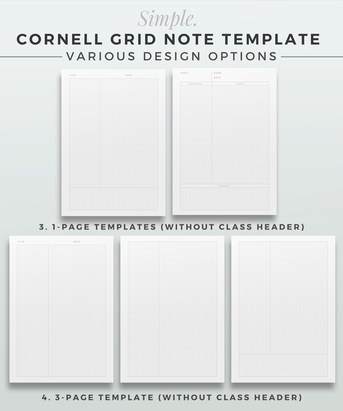 SIMPLE Cornell Grid Note Template A4 & LETTER Printable Note Inserts ...
