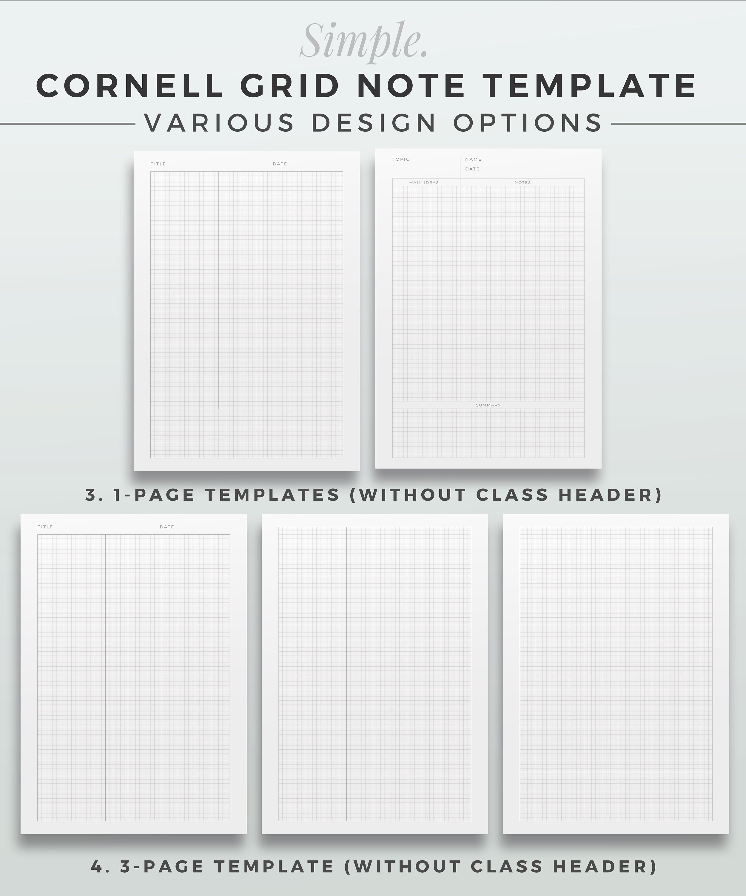 SIMPLE Cornell Grid Note Template A4 & LETTER Printable Note Inserts ...
