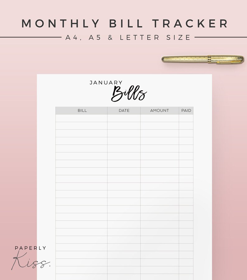 Monthly Bill Tracker, Printable Planner Inserts, A4, A5, Letter, Modern ...