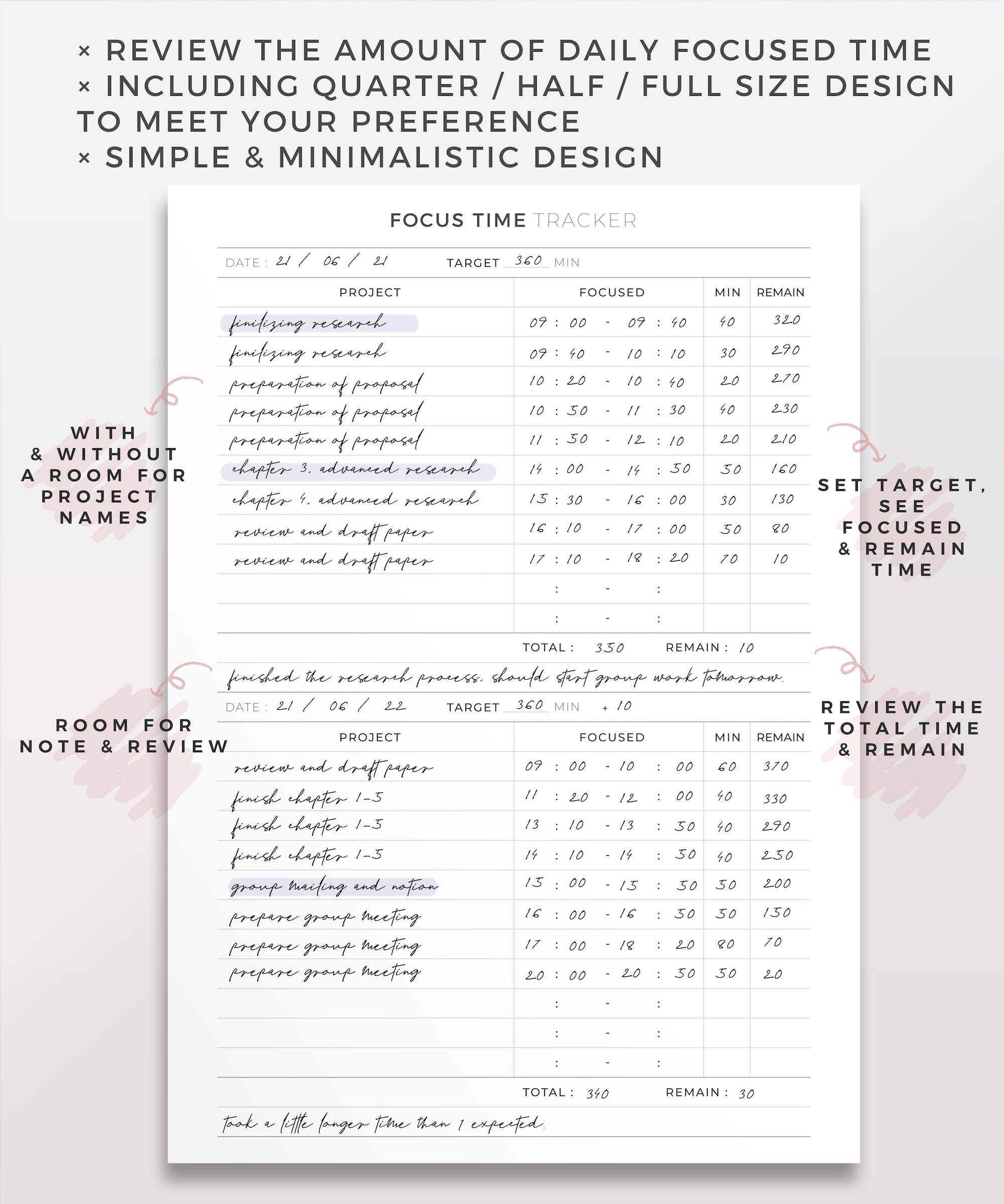 ANISE Focus Time Tracker | A4 & LETTER | Printable Planner Insert ...