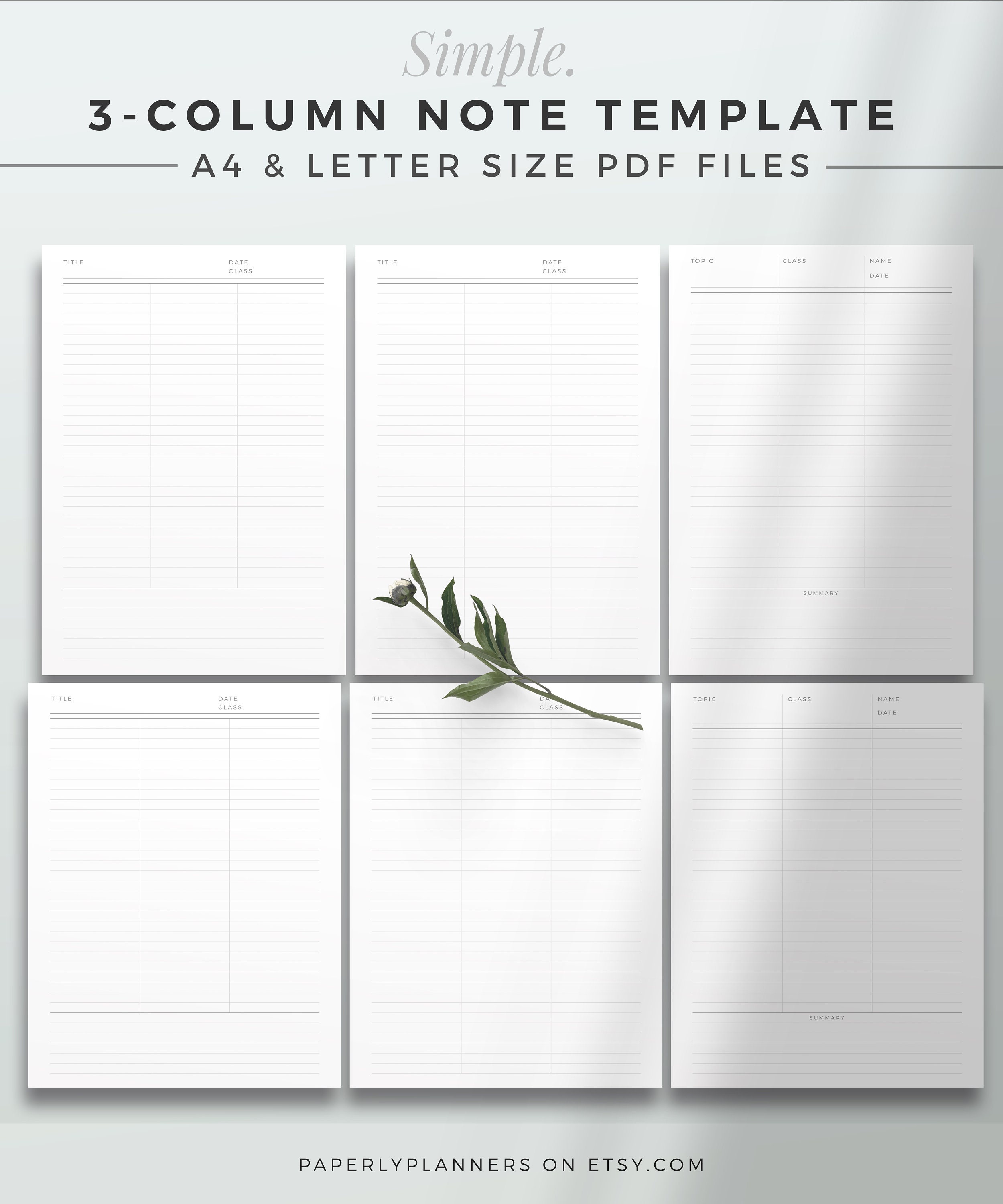 SIMPLE 3-column Note Template | A4 & LETTER | Printable Note Insert ...
