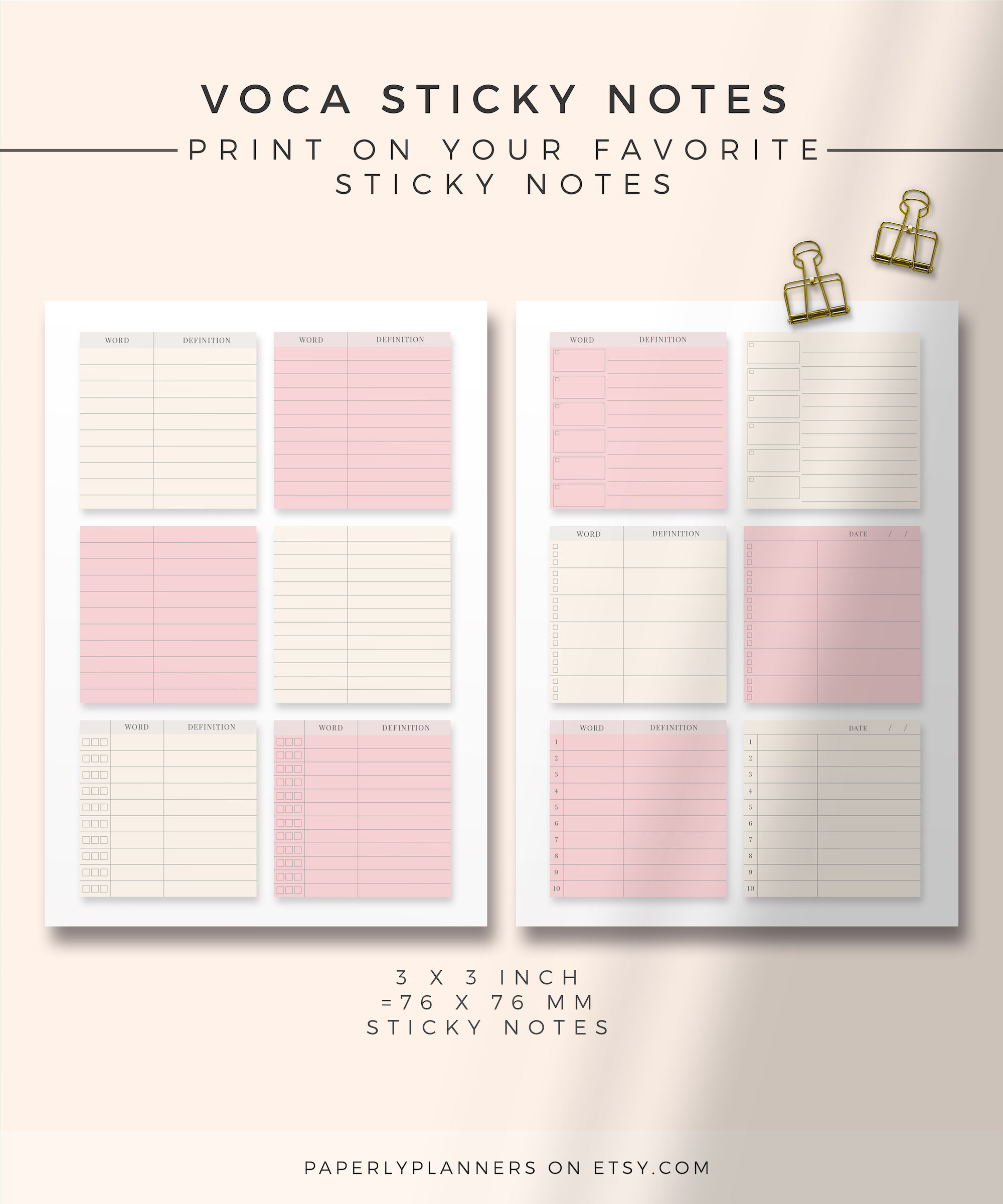 Voca Sticky Notes Printable Sticky Notes Template Word Book - Etsy