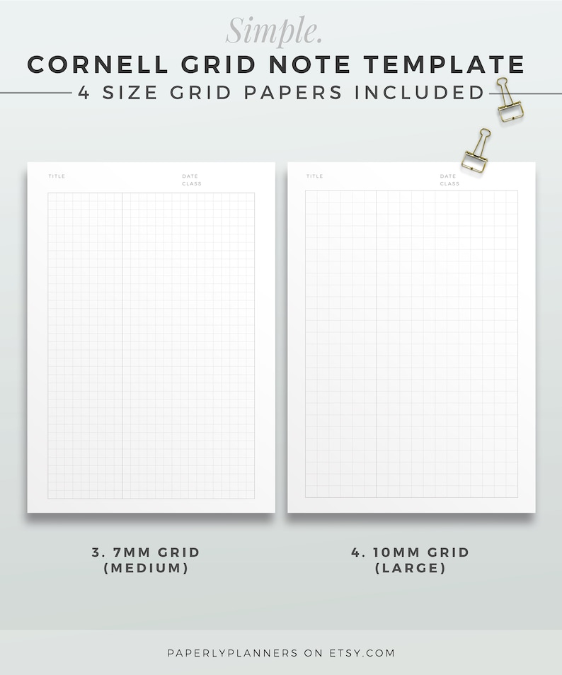 SIMPLE Cornell Grid Note Template A4 & LETTER Printable Note Inserts, Grid Notebook, Cornell ...