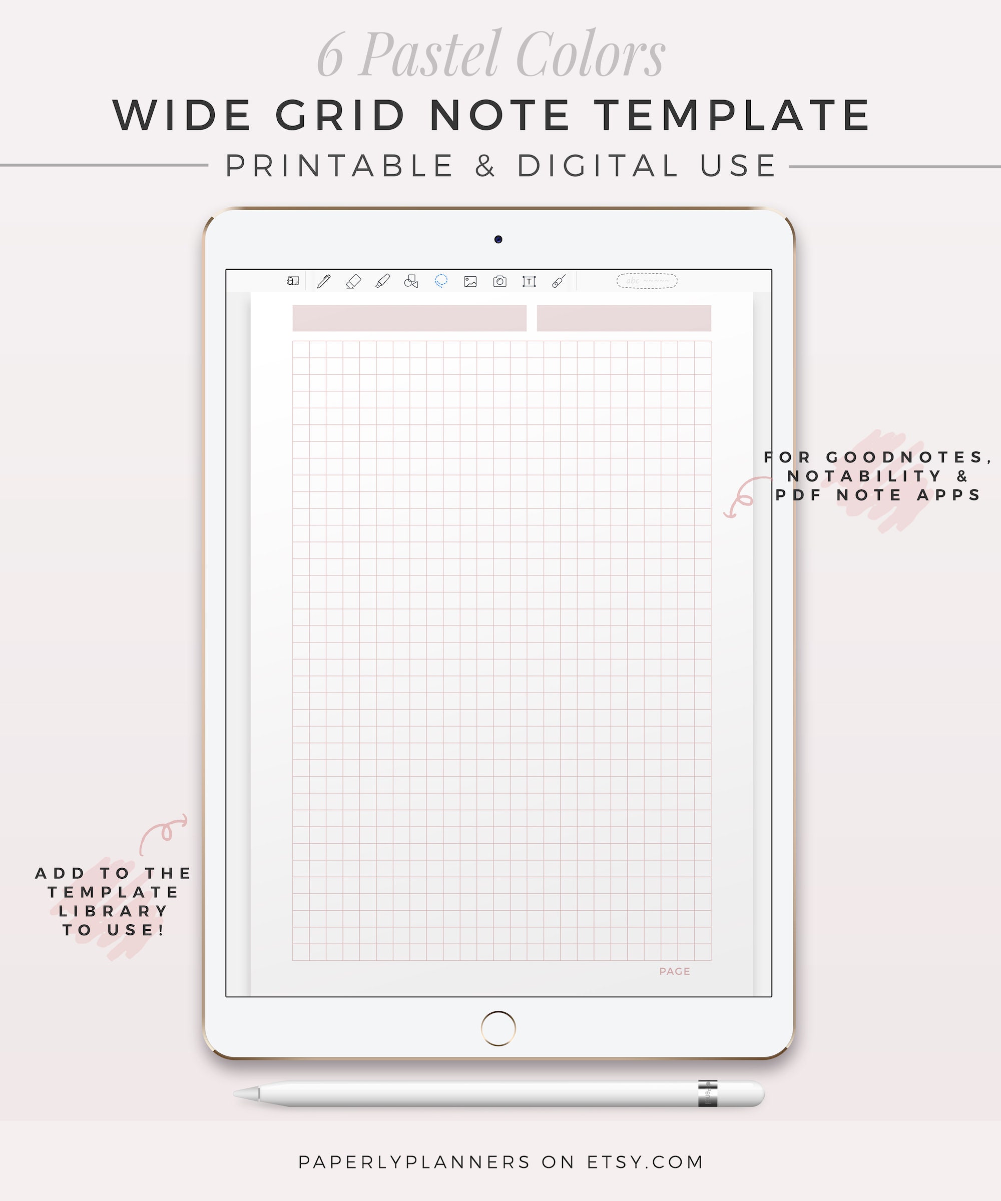6 PASTEL Grid Note WIDE Grid, Notebook Template, Printable Note Inserts ...