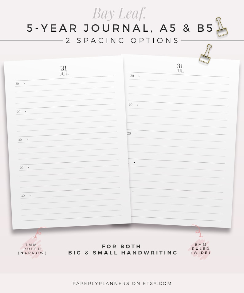 BAY LEAF 5-year Journal | A5 & B5 | Printable Planner Inserts, Undated ...
