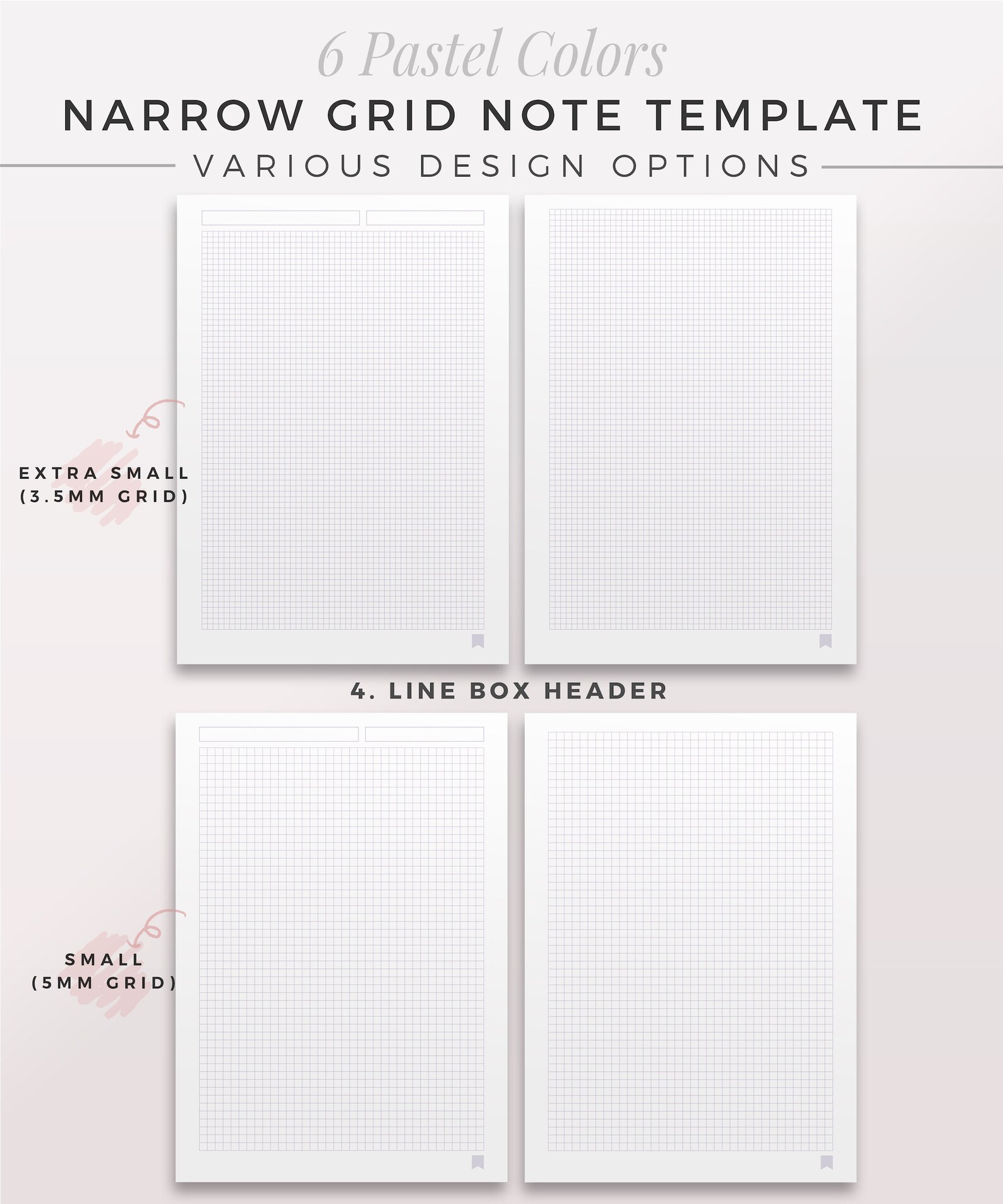 6 PASTEL Grid Note NARROW Grid, Notebook Template, Printable Note ...